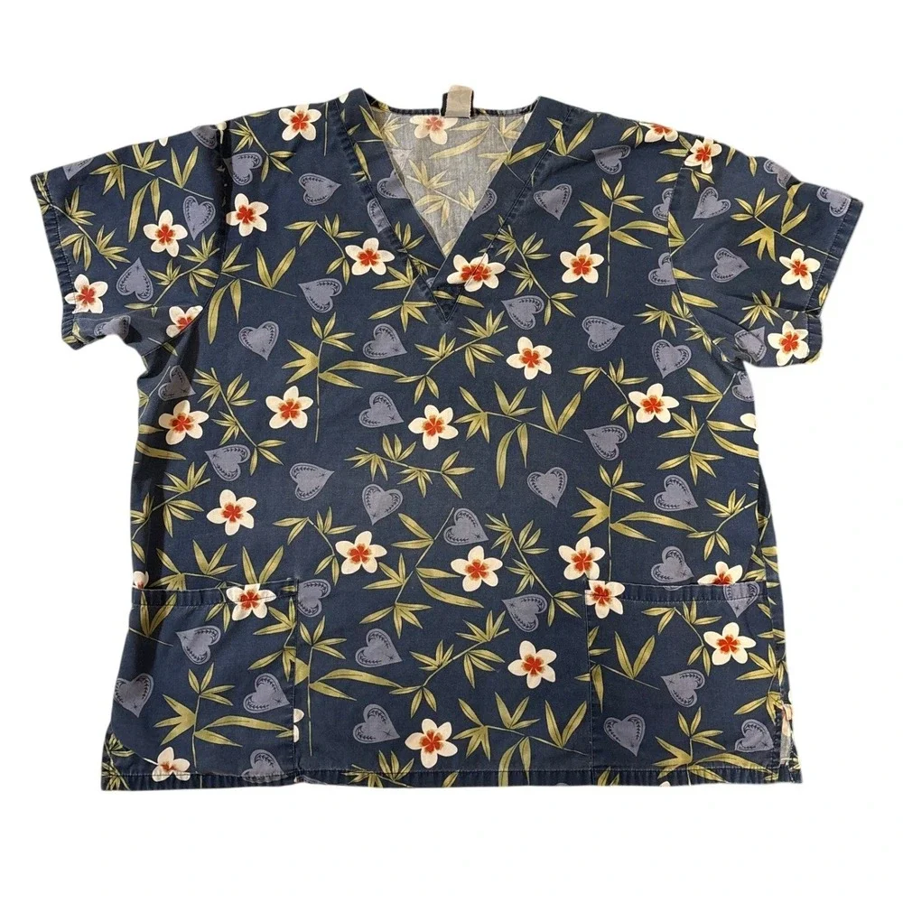 Medgear | Tops | Medgear Scrub Top Navy Blue Tropical Floral Bamboo ...